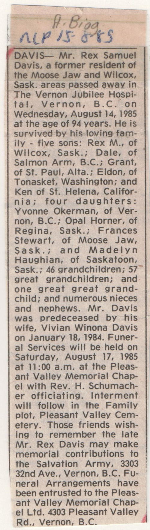 Davis, Rex Samuel 1985