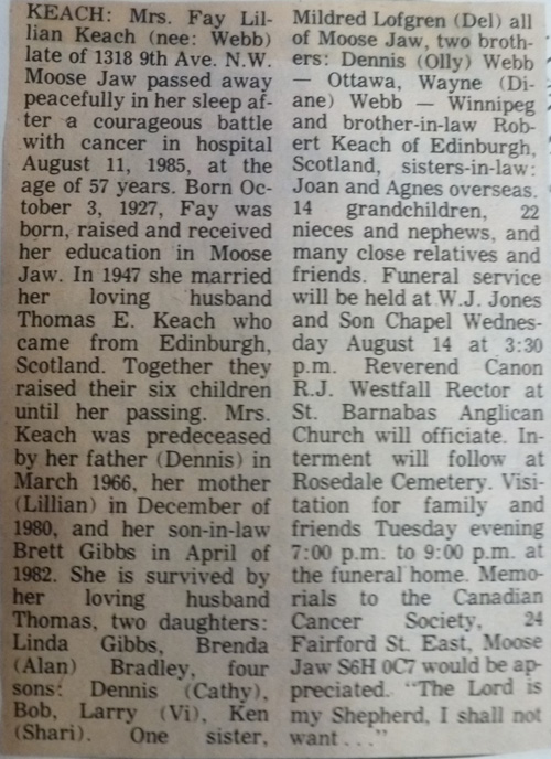 Keach, Fay Lillian nee Webb 1985